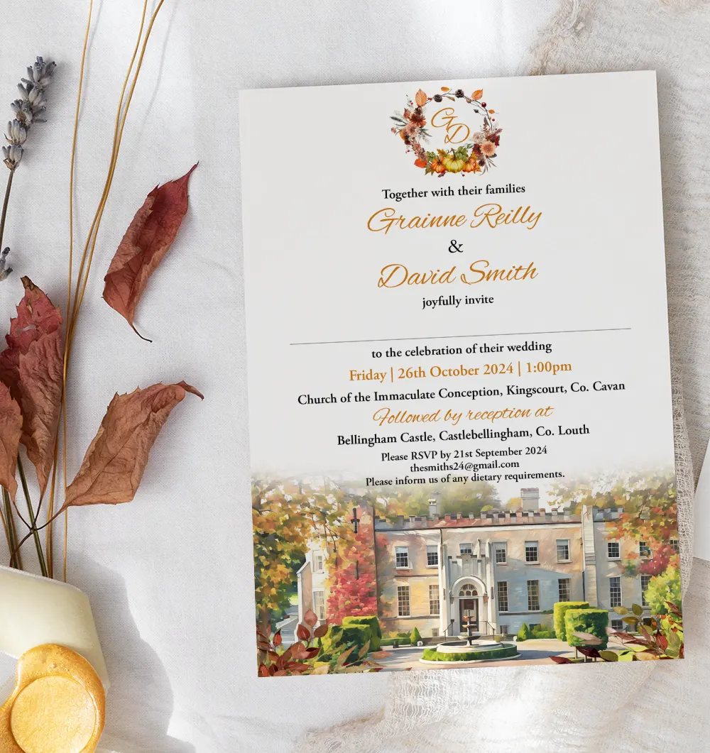 Autumn Bellingham Castle Wedding Invitation with Crest - Willow & Robin
