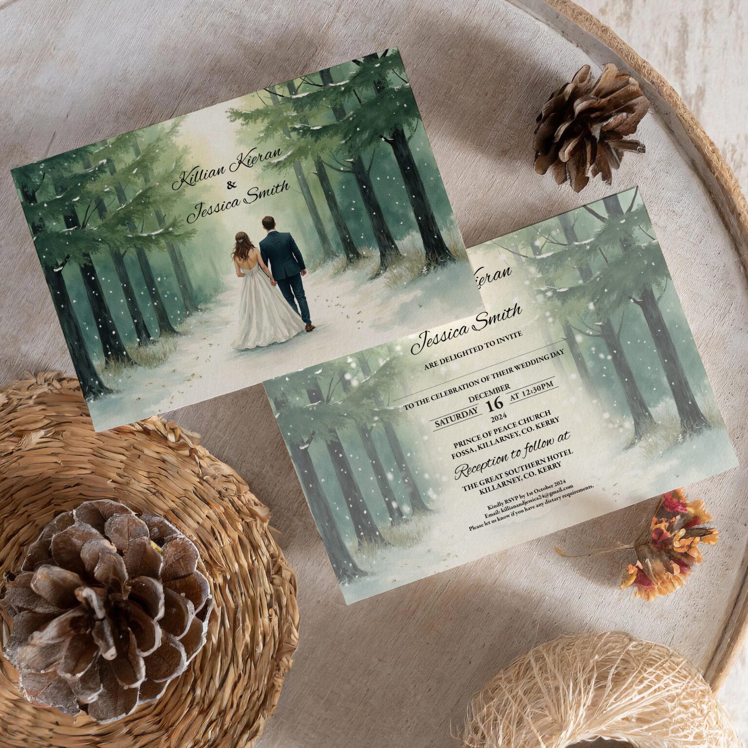 Double Sided Forest Winter Wedding Invitations - Willow & Robin